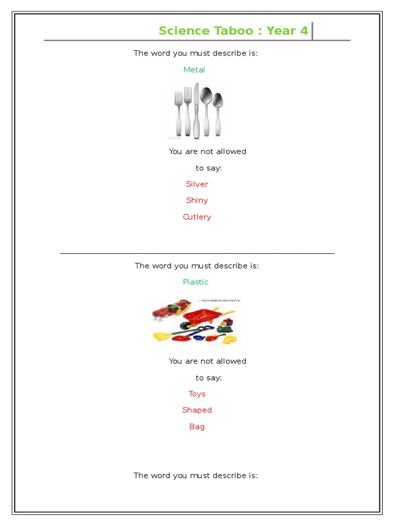 Science Taboo: Year 4 Materials | PDF