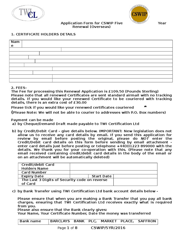 Application Form For CSWIP 5 Year Renewal (Overseas) No Logbook | PDF ...