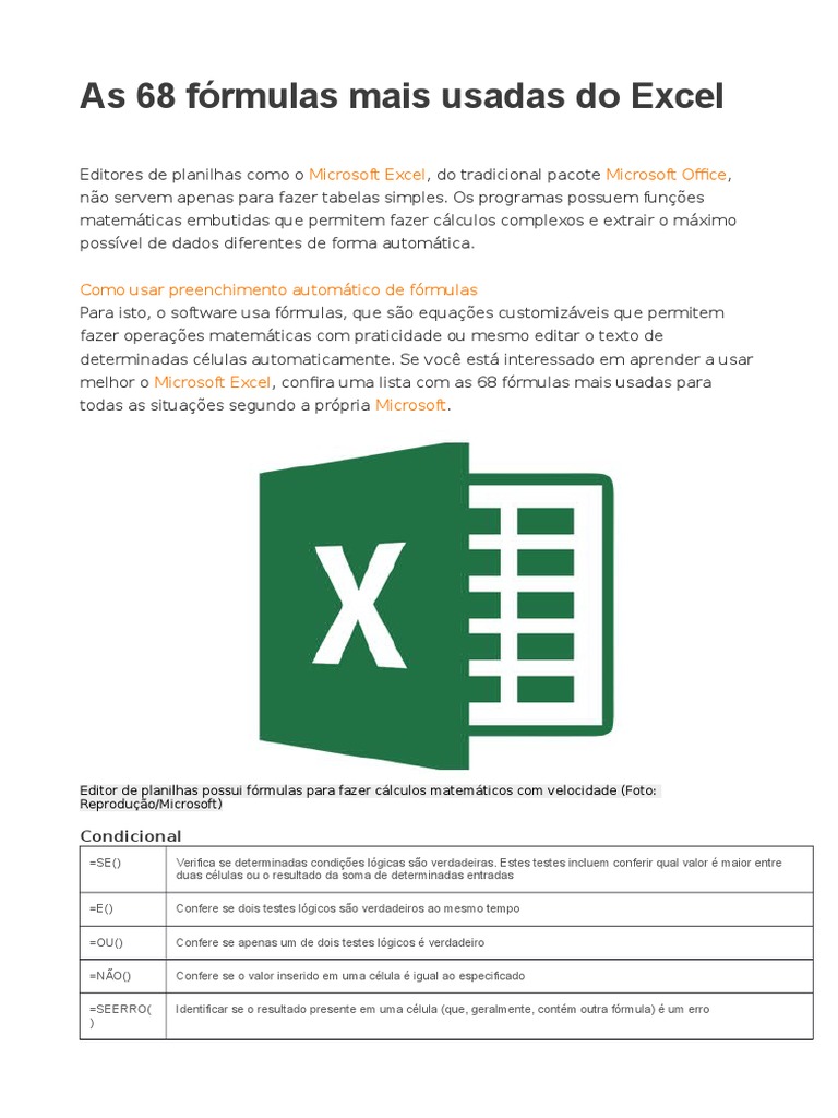 As 68 Fórmulas Mais Usadas Do Excel | PDF | Microsoft Excel | Planilha