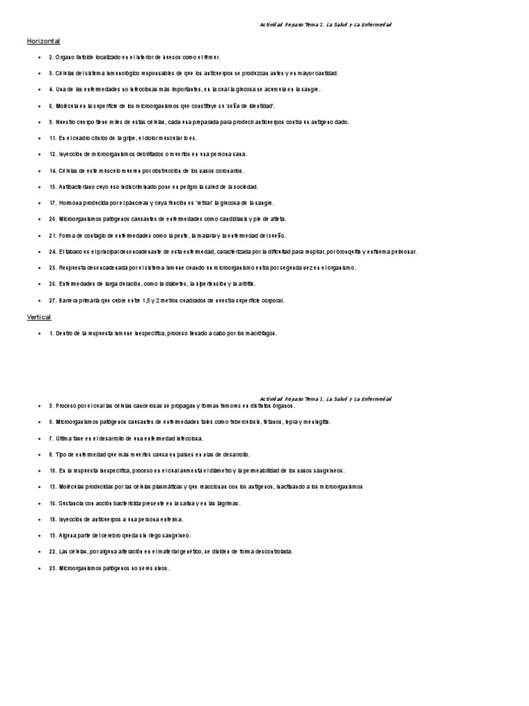 Crucigrama sobre Salud y Enfermedades | PDF | Sistema inmune | Infección