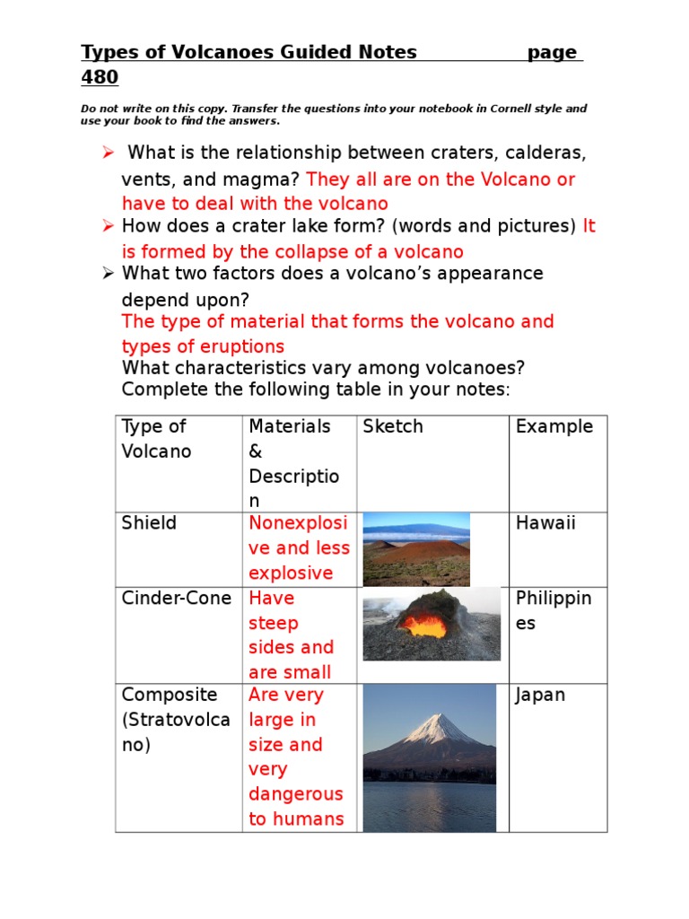 Types of Volcanoes Guided Notes | PDF