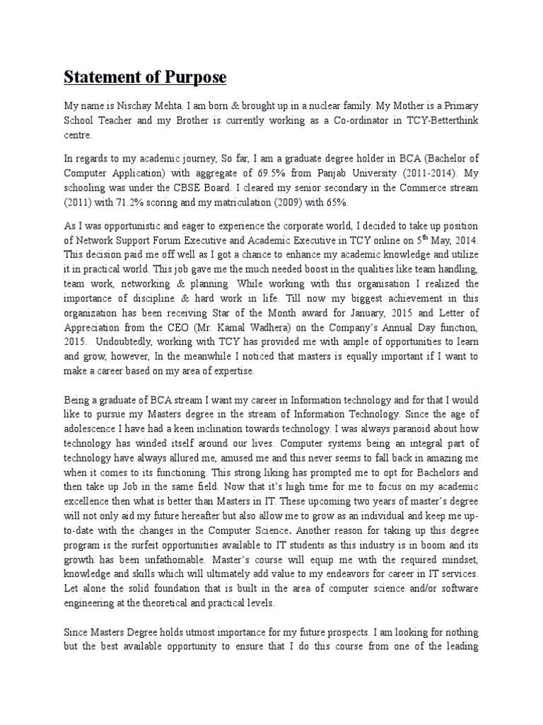 Statement of Purpose | PDF | Academic Degree | Master's Degree