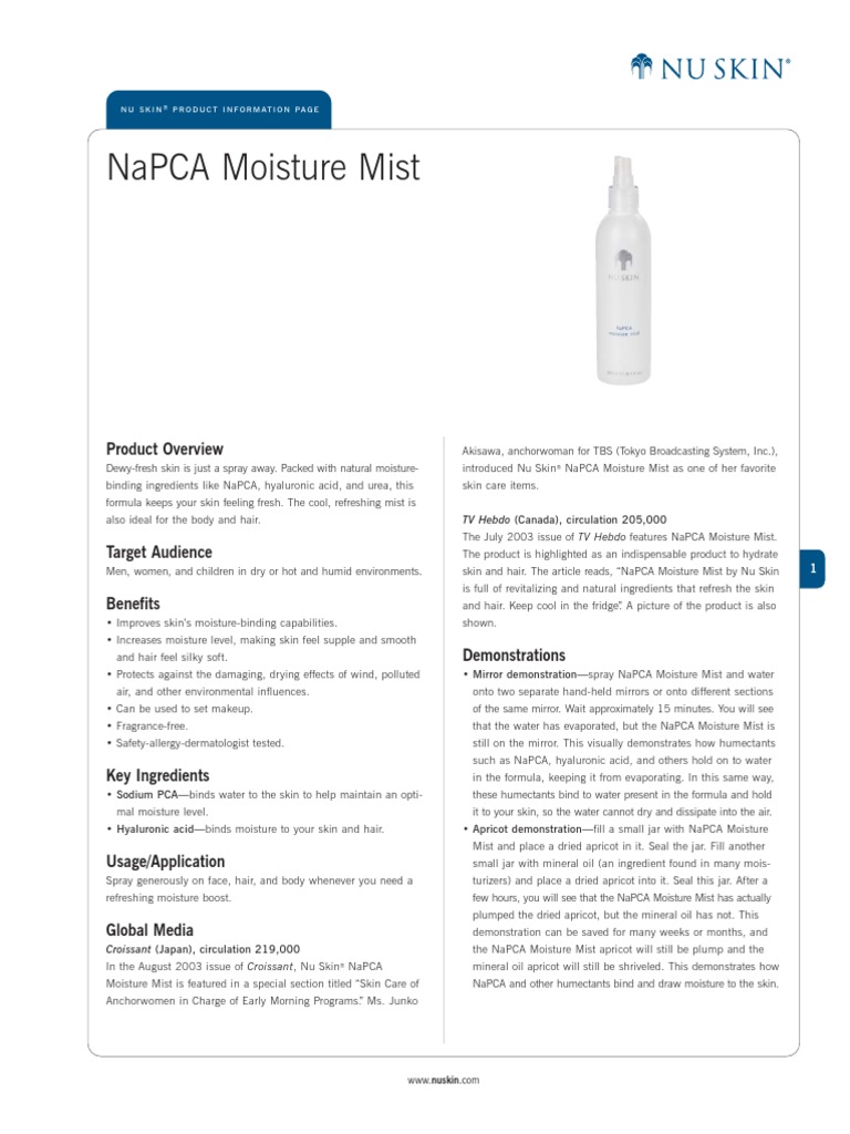 NaPCA Moisture Mist PIP EN PDF | PDF | Ultraviolet | Foods
