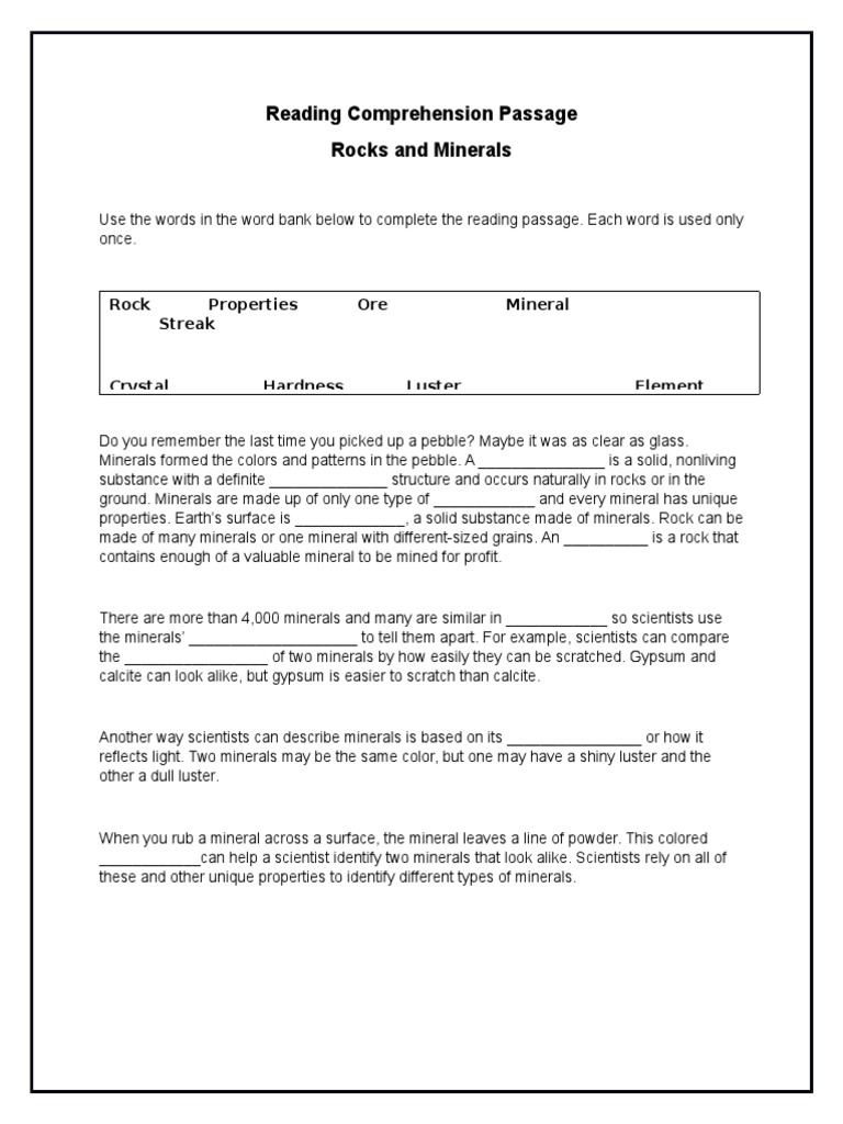 Reading Comprehension Passage Minerals | PDF | Minerals | Calcite