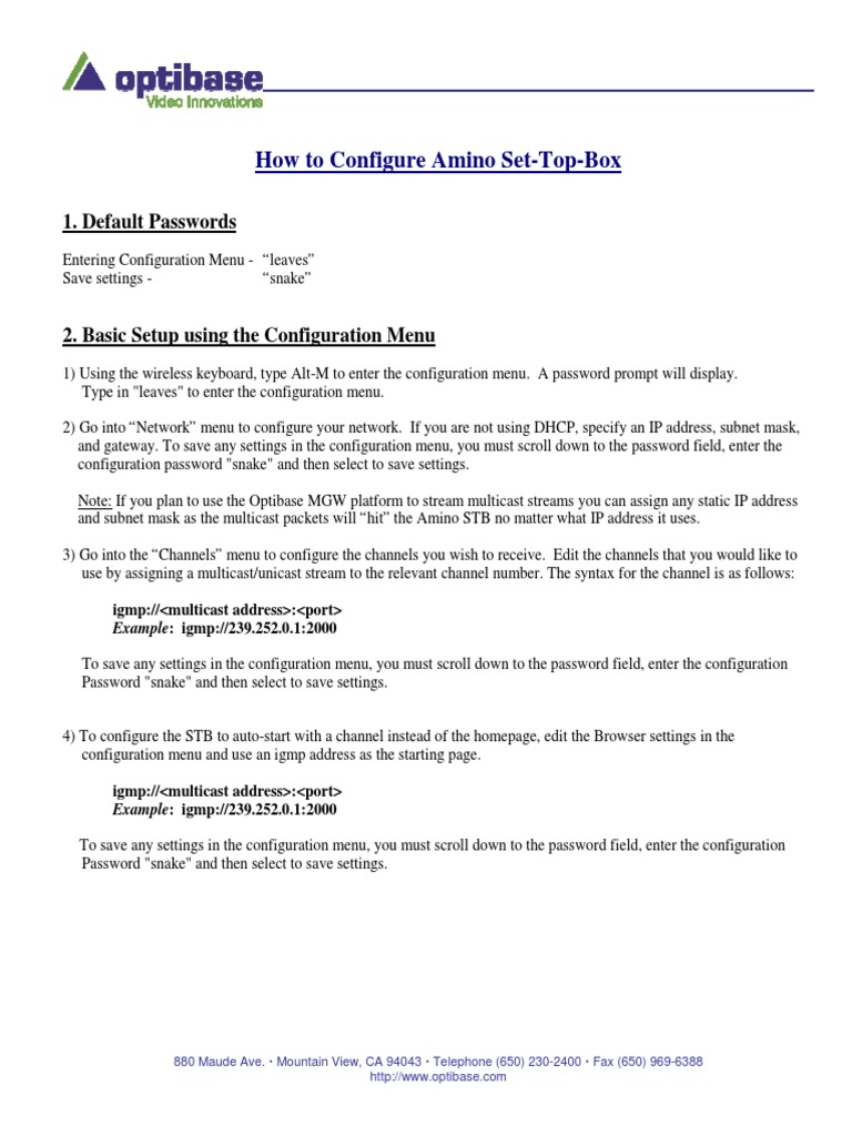 How To Configure Amino STB | PDF | Ip Address | Network Layer Protocols