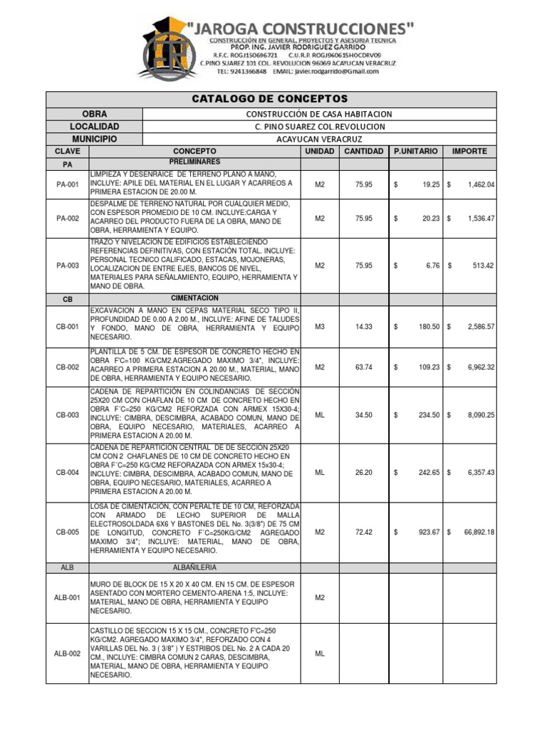 Catalogo de Conceptos Casa Habitacion | PDF
