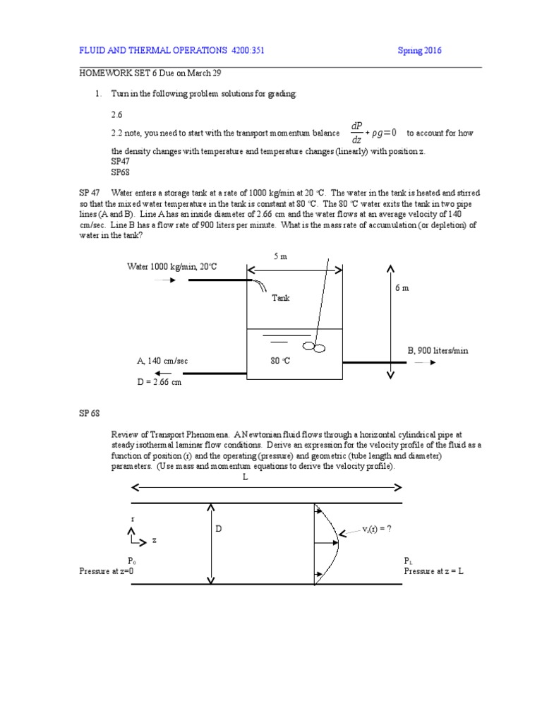 Fluid And Thermal Operations 4200:351 Spring 2016: dP dz ρg=0 | PDF