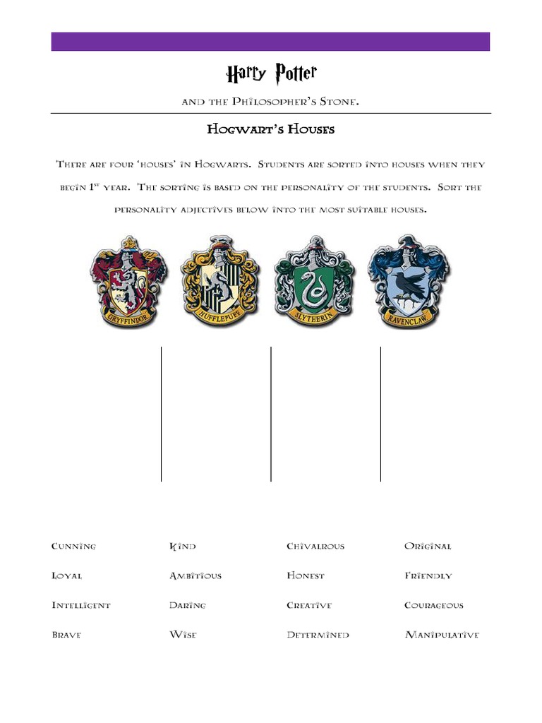 Harry Potter Hogwarts Houses and Character Adjectives Match | PDF
