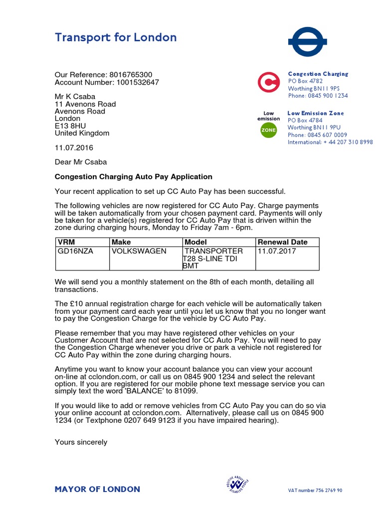 Transport For London: Congestion Charging Auto Pay Application | PDF