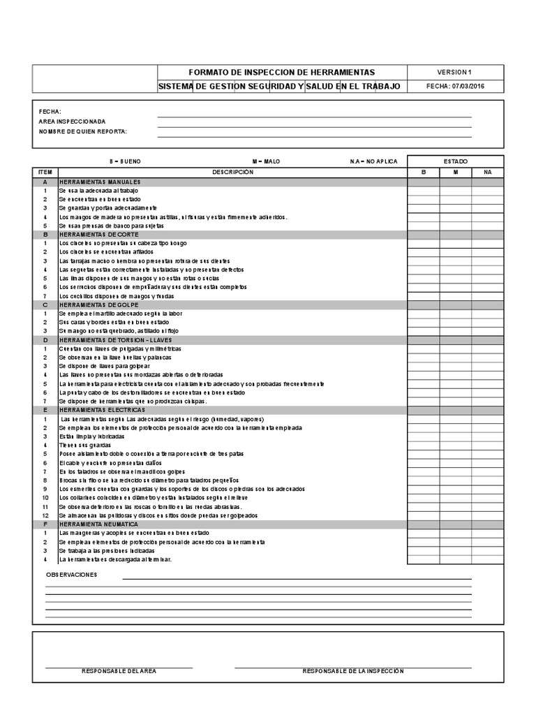 Formato Inspeccion de Herramienta | Herramientas | Equipo | Prueba ...