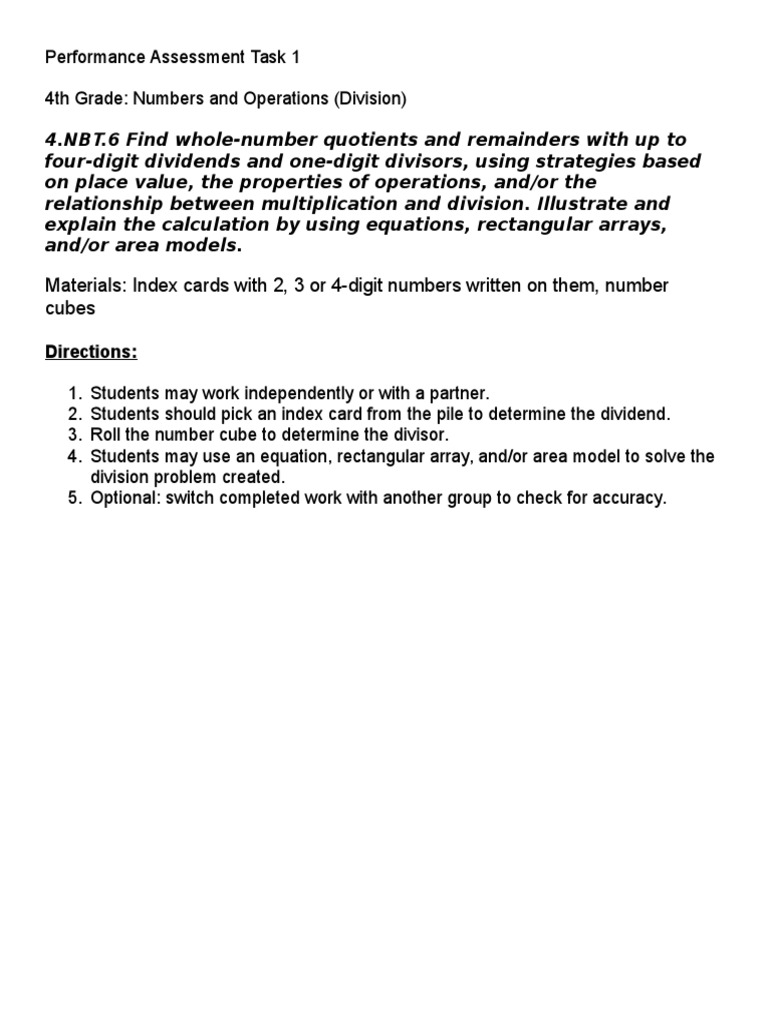 Division Assessment Task | PDF | Division (Mathematics) | Numbers