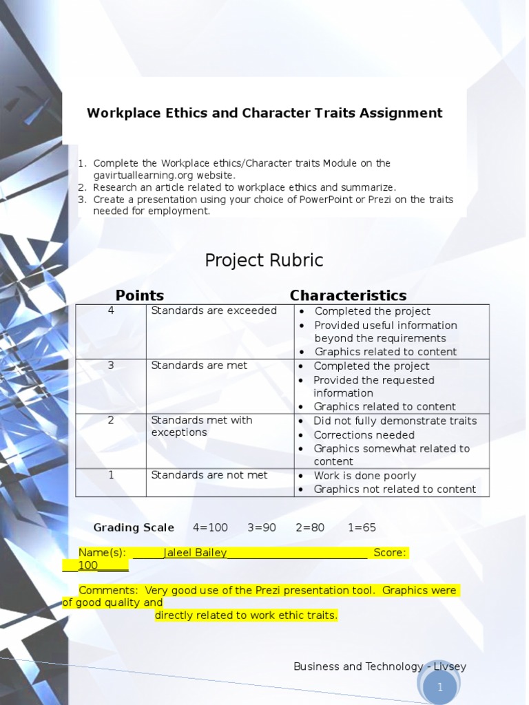 Workplace Ethics Presentation Rubric | PDF
