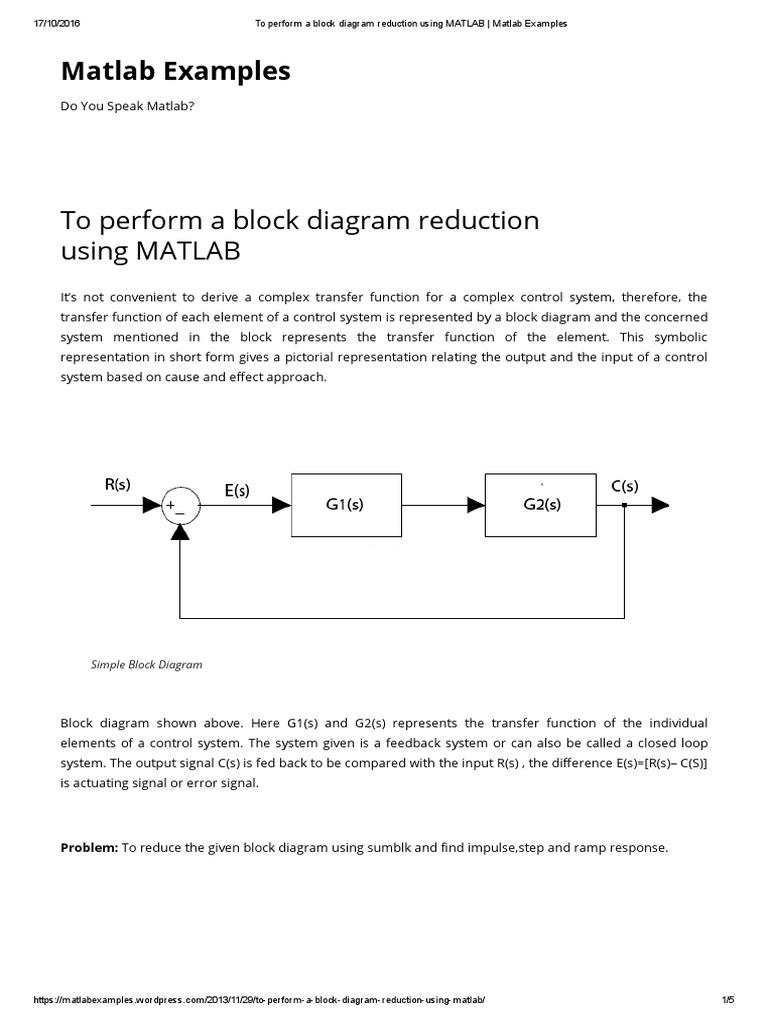 To Perform A Block Diagram Reduction Using Matlab Matlab Examples Pdf Control System