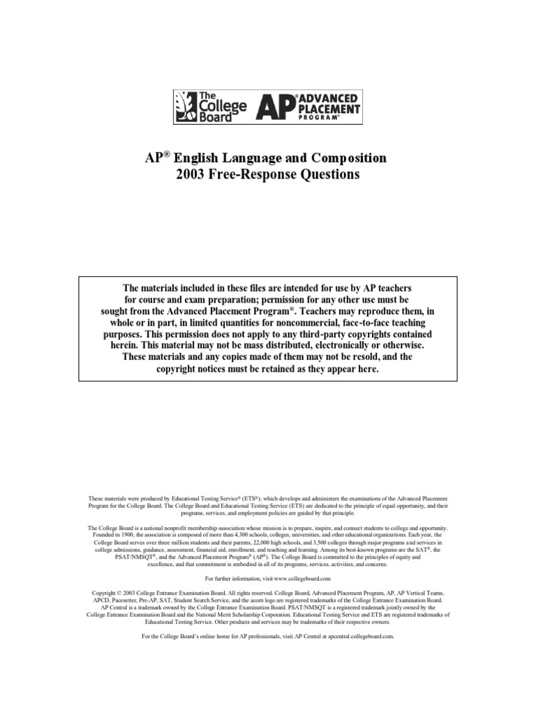 Ap03 FRQ English Lang 23013 | PDF | Advanced Placement | Schools
