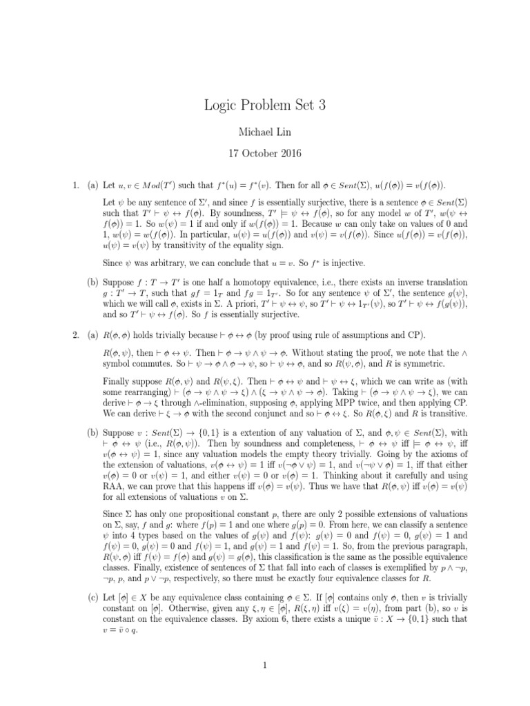 Logic Problem Set 3: Michael Lin 17 October 2016 | PDF | Metalogic | Mathematical Analysis