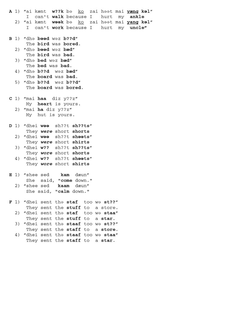 Pronuciation practice sentences for /iː æ aː e ɒ ɔː ᴈː/