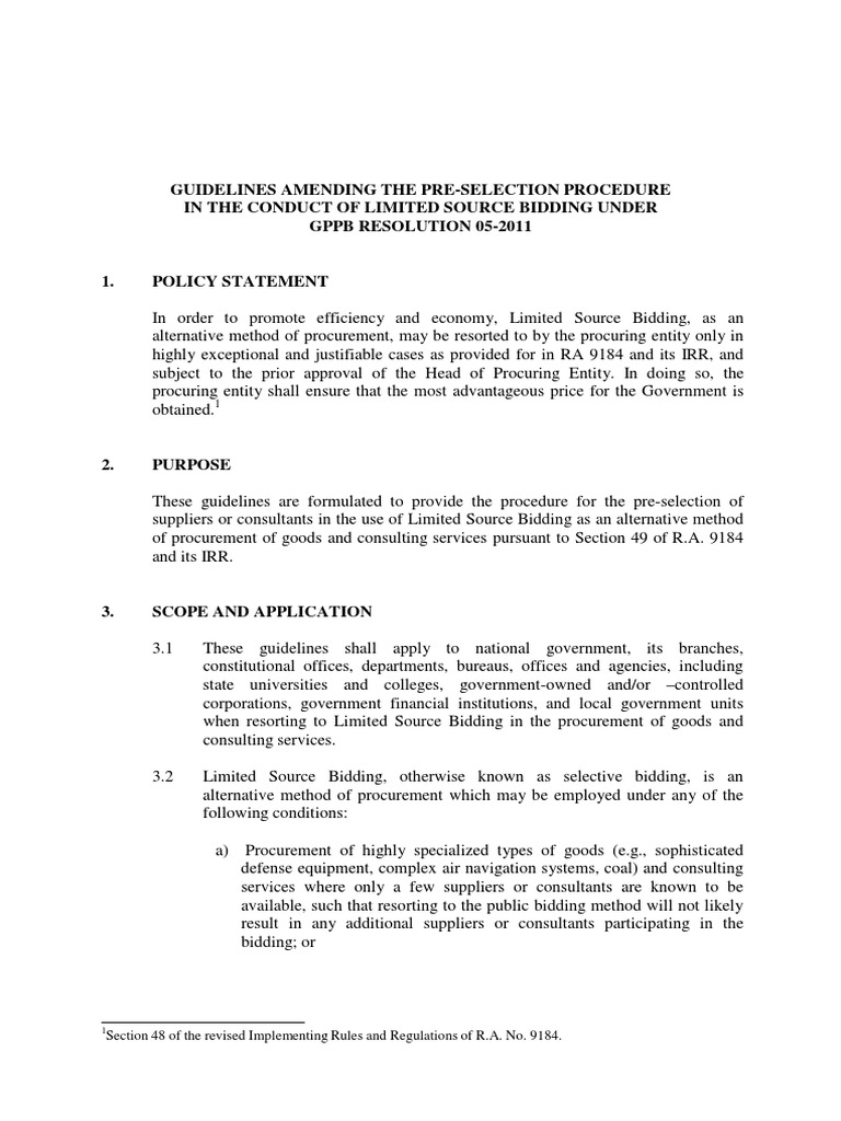 Limited Source Bidding PreSelectionProc | Procurement | Public Law