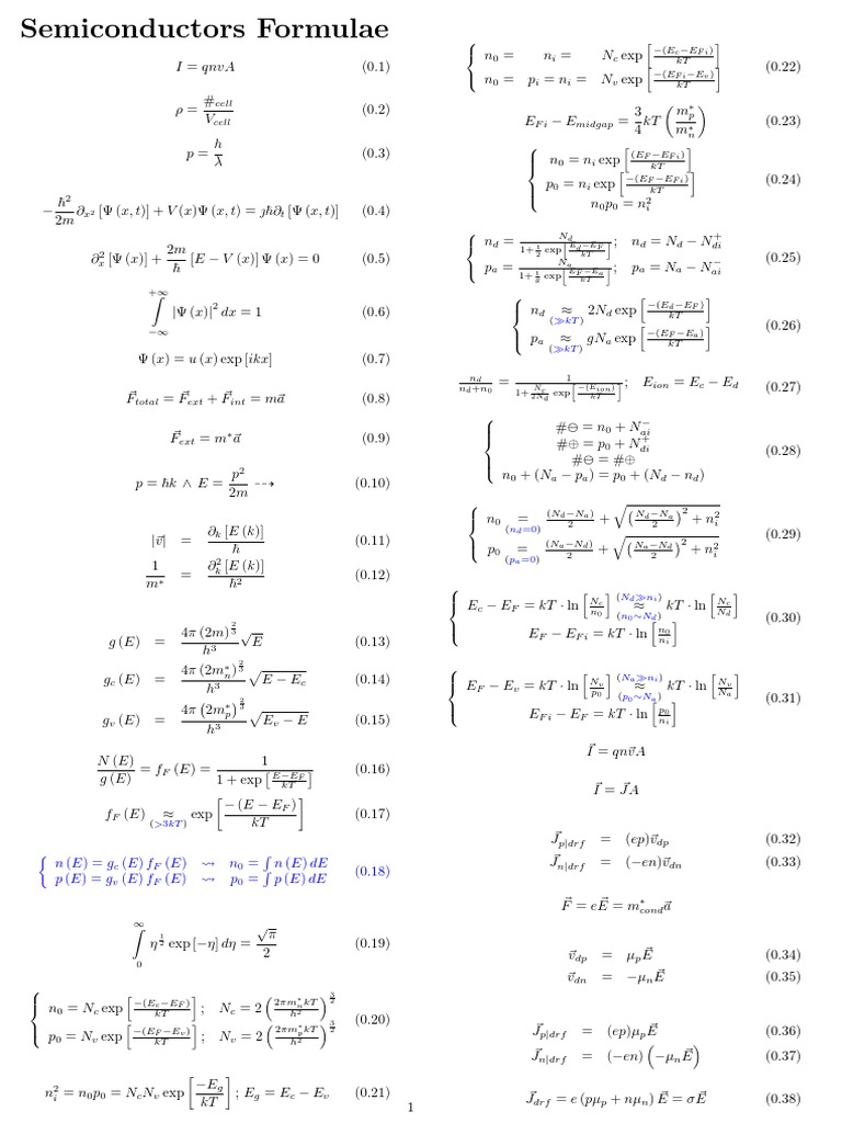 Essential Semiconductor Formulae Guide | PDF