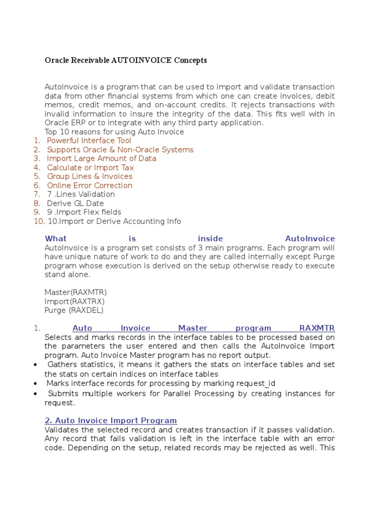 Oracle Receivable AUTOINVOICE Concepts | PDF | Oracle Database | Debits And Credits
