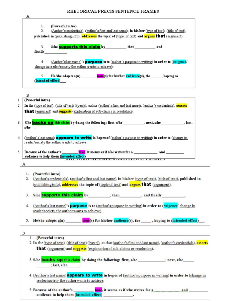 Rhetorical Precis Sentence Frames | PDF