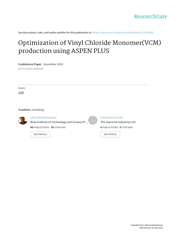 350-Optimization of Vinyl Chloride Monomer (VCM) Production Using ASPEN ...