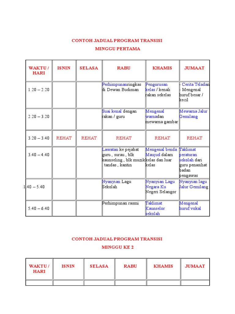Contoh Jadual Program Transisi | PDF