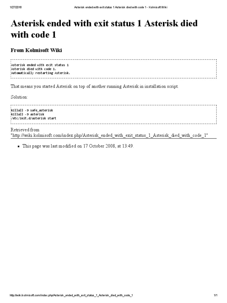 Asterisk Ended With Exit Status 1 Asterisk Died With Code 1 - Kolmisoft Wiki | PDF