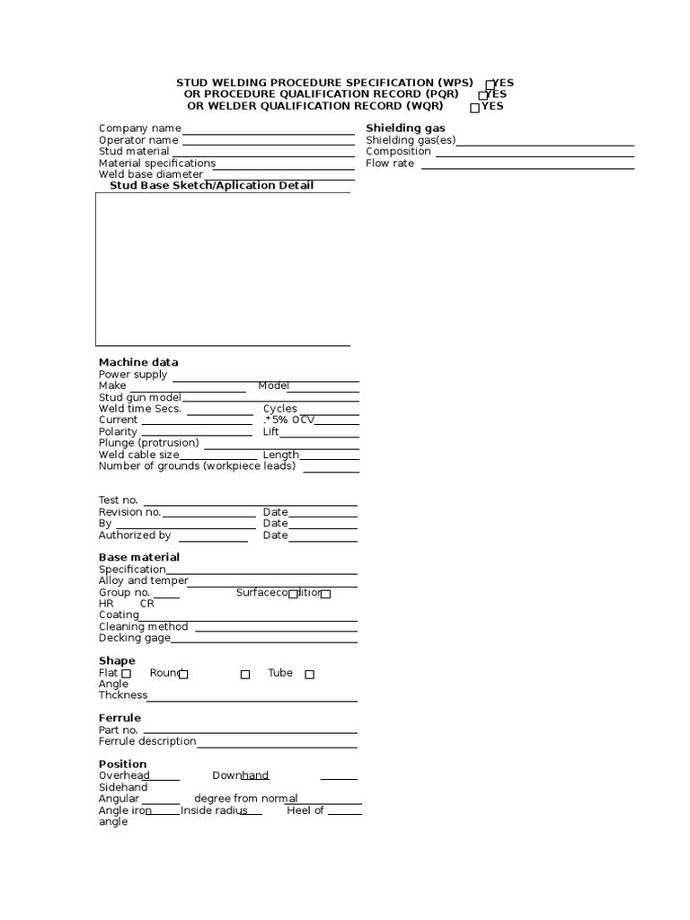 Stud Welding Procedure Specification Wps