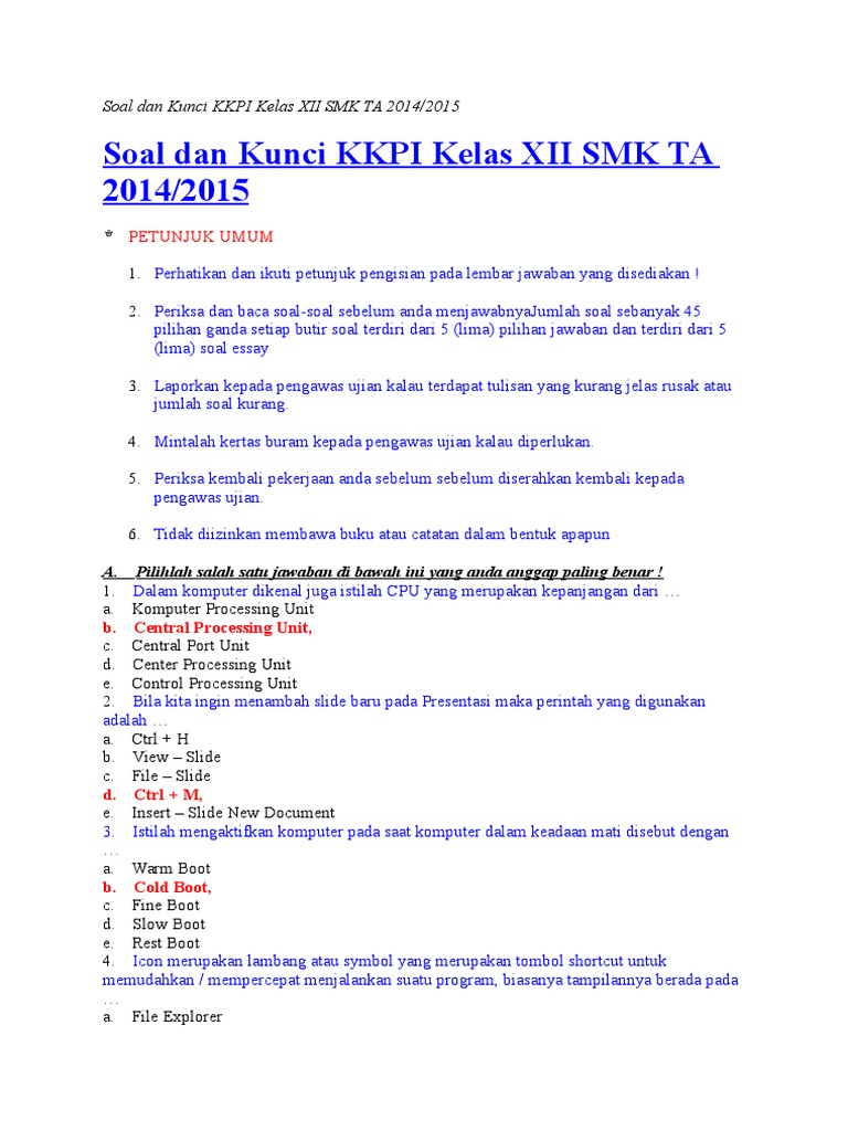 Soal Dan Kunci Kkpi Kelas Xii SMK Ta 2014 | PDF | Komputer