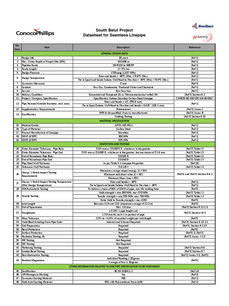 South Belut Project Datasheet For Seamless Linepipe | PDF | Technology & Engineering