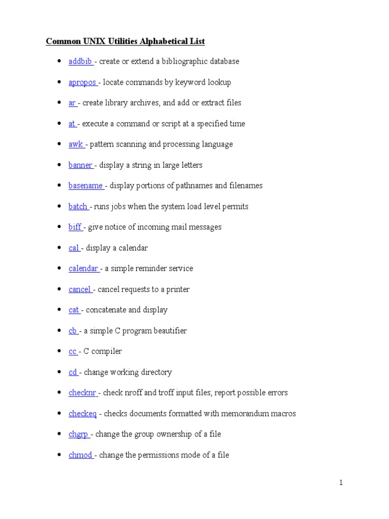 Common UNIX Utilities Alphabetical List | PDF