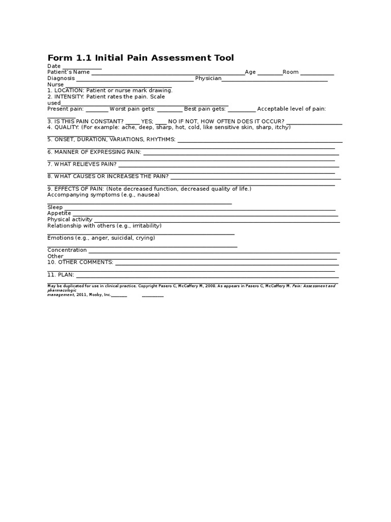 Initial Pain Assessment Tool Form | PDF | Wellness