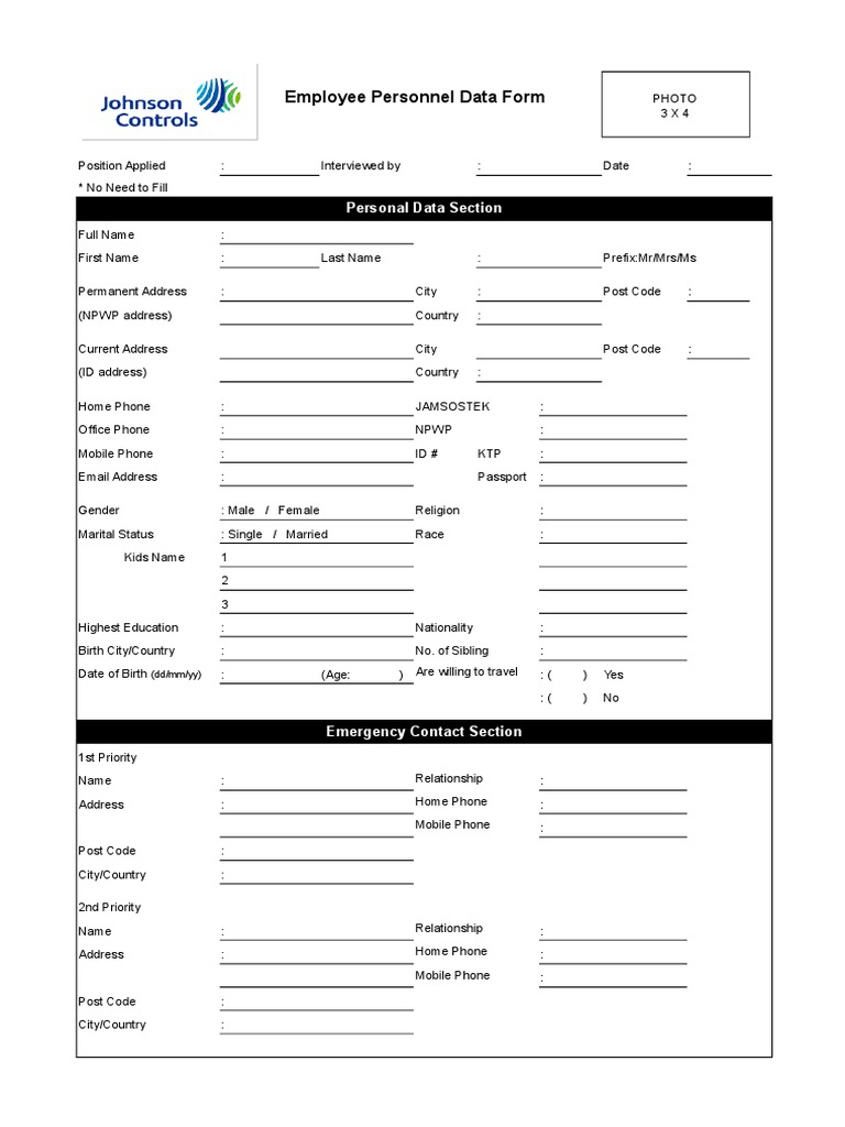 Employee Personnel Data Form | PDF | Employment | Interpersonal ...