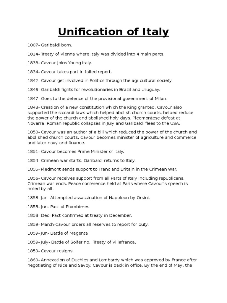 Unification of Italy Timeline | PDF