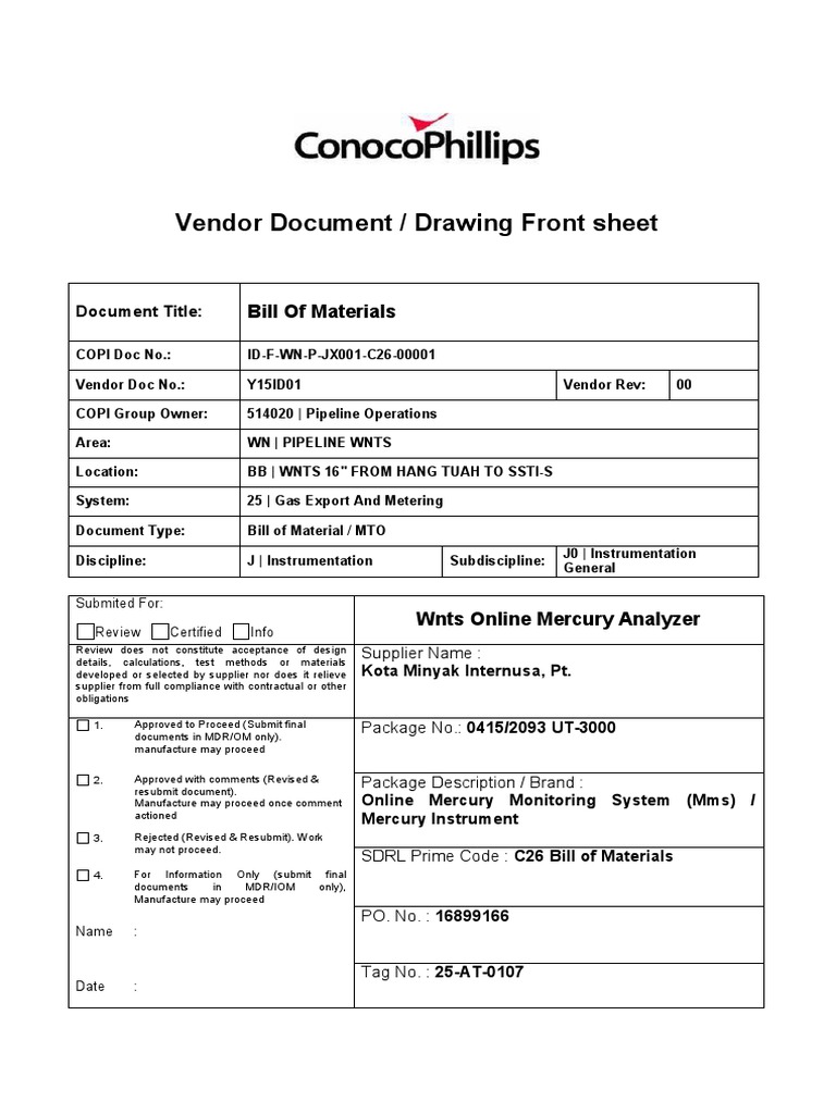 Cover Vendor Document - Bill of Materials | PDF