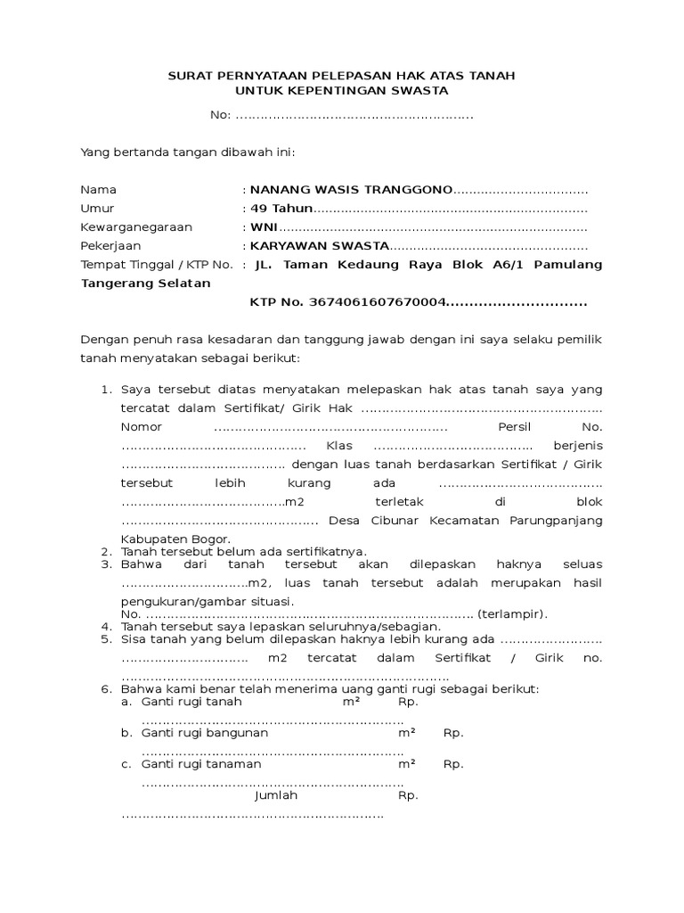 Surat Pernyataan Pelepasan Hak Atas Tanah (Sph)
