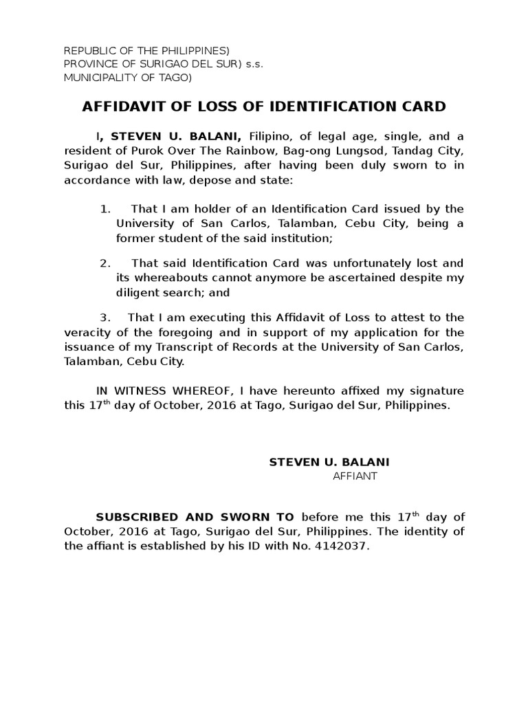 Affidavit of Loss for Student ID | PDF | Social Science