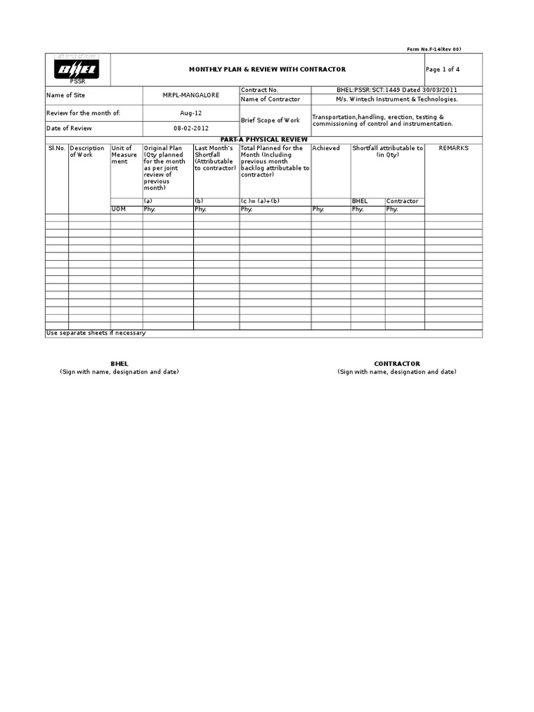 Monthly Plan & Review With Contractor: Form No.F-14 (Rev 00) | PDF