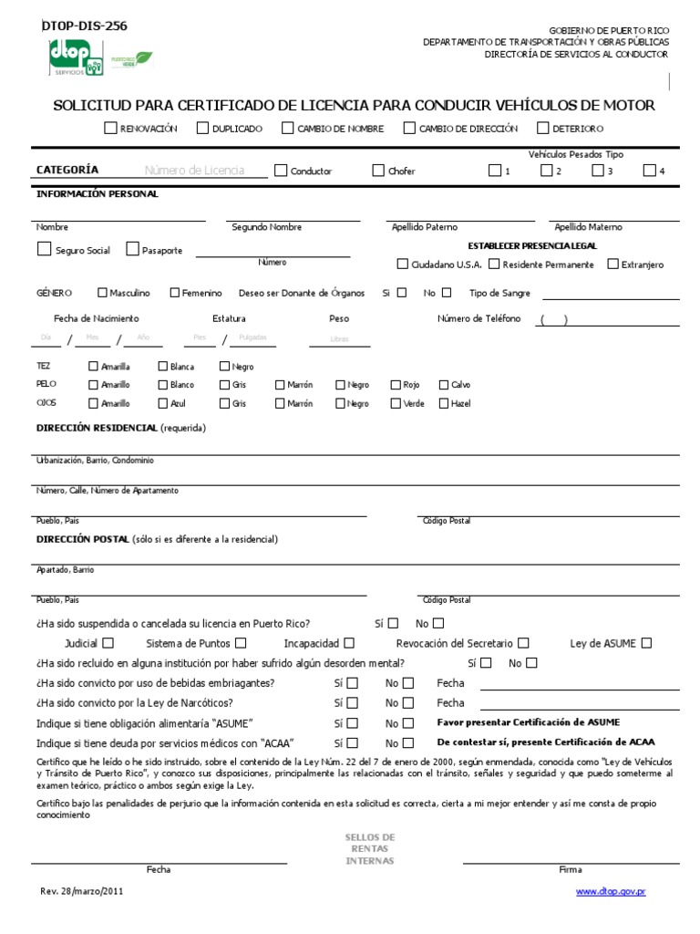 DTOP-DIS-256 Solicitud para Certificado de Licencia para Conducir ...