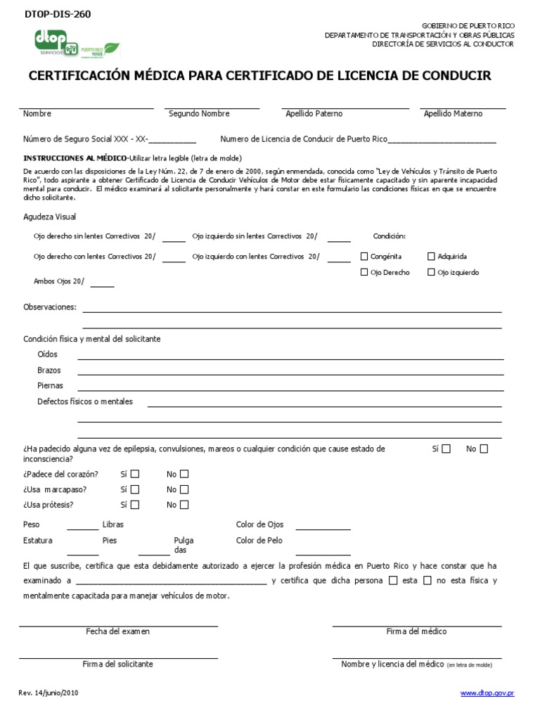 Dtop-Dis-260 Certificacion Medica para Certificado de Licencia | PDF