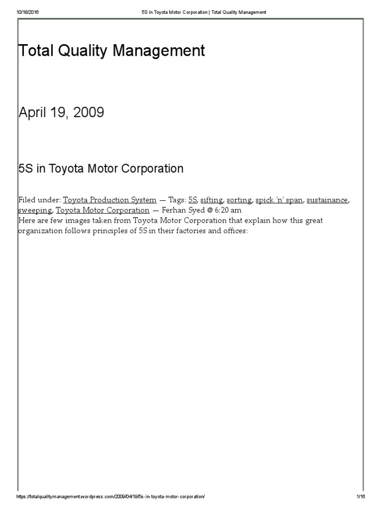 5S in Toyota Motor Corporation - Total Quality Management | PDF ...