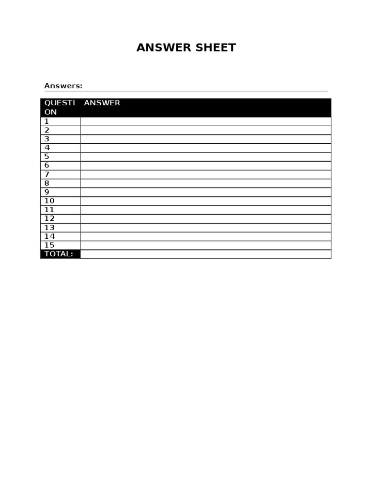 Answer Sheet for Quiz Questions | PDF