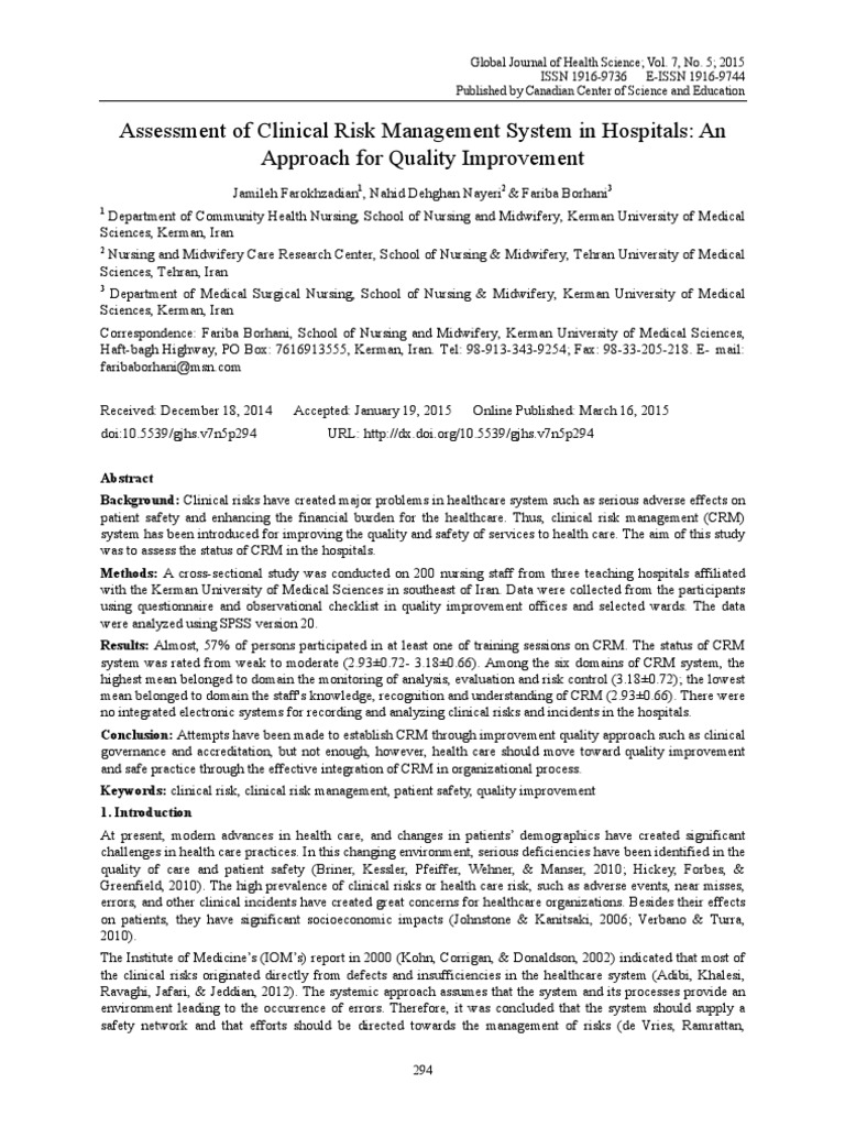 Assessment of Clinical Risk Management System in Hospitals An | PDF ...
