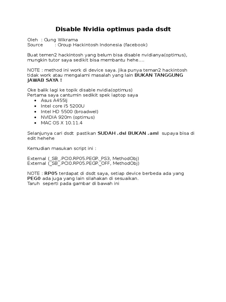 Disable Nvidia Optimus Via DSDT (Hackintosh) | PDF