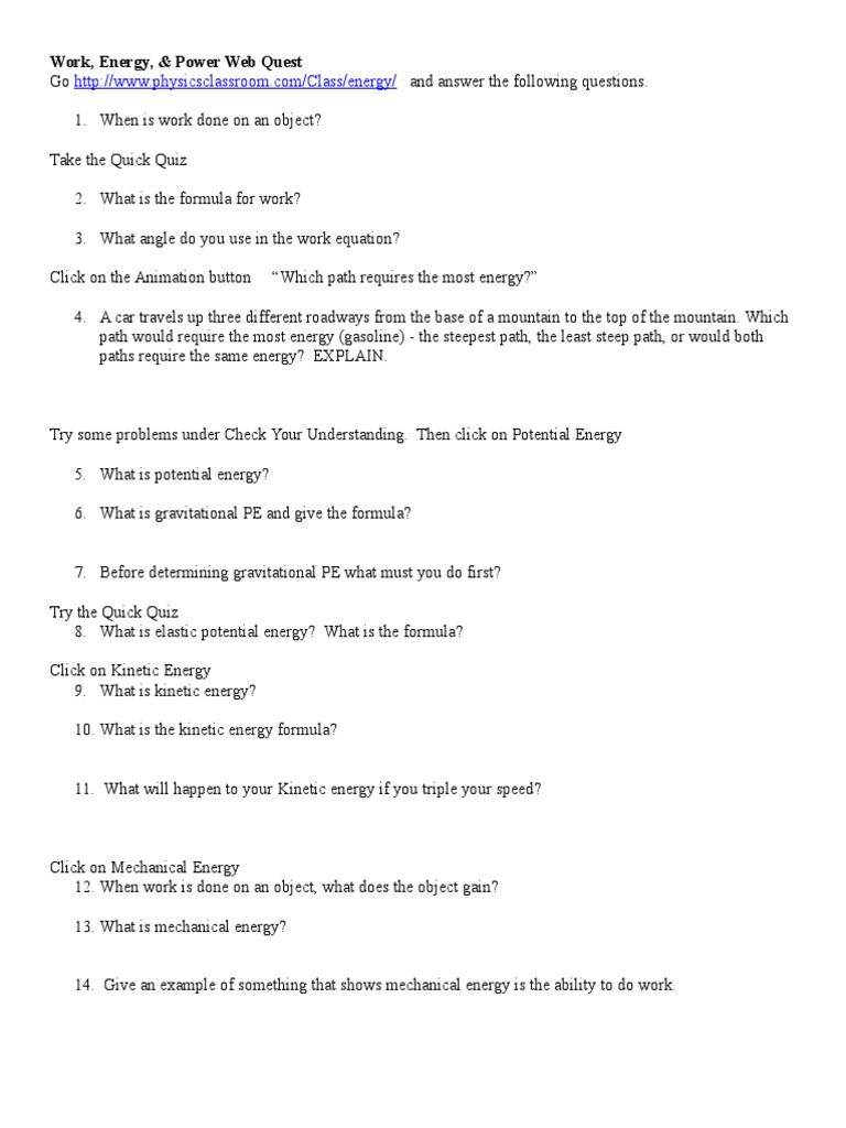 Energy Work Power Webquest | PDF | Potential Energy | Force