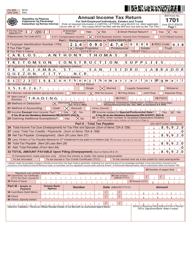 1701 Bir Form | Download Free PDF | Tax Deduction | Capital Gains Tax