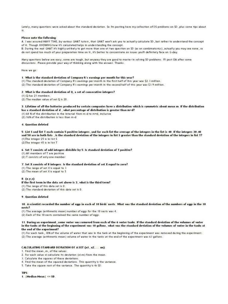 GMAT Standard Deviation Problem Set | PDF