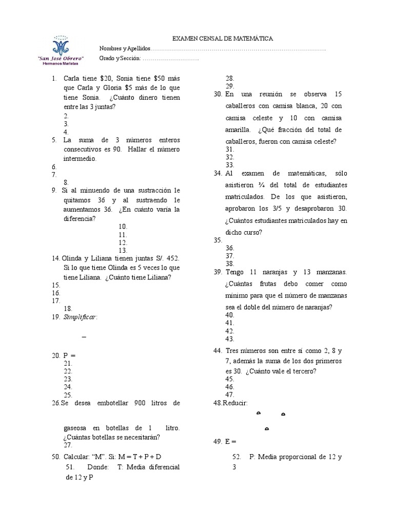 Examen de Matemáticas para Secundaria | PDF | Sustracción | Objetos ...