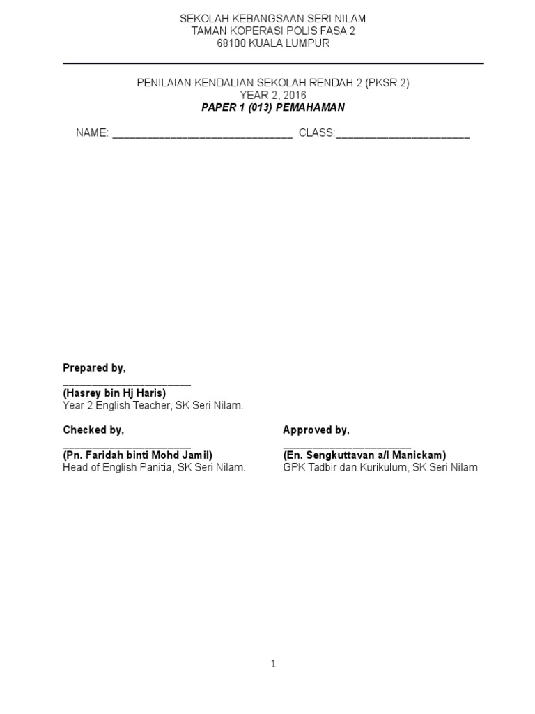 Soalan PKSR 2 English Year 2 Paper 1 | PDF