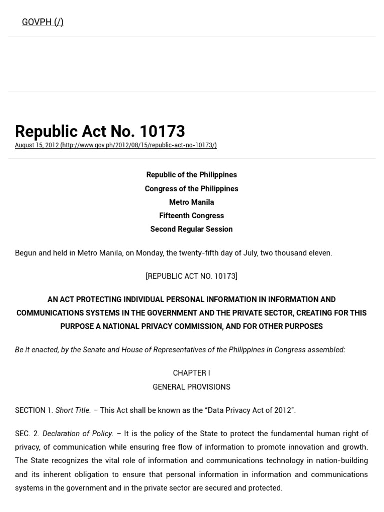 Republic Act No 10173 (Data Privacy Act) | Personally Identifiable ...
